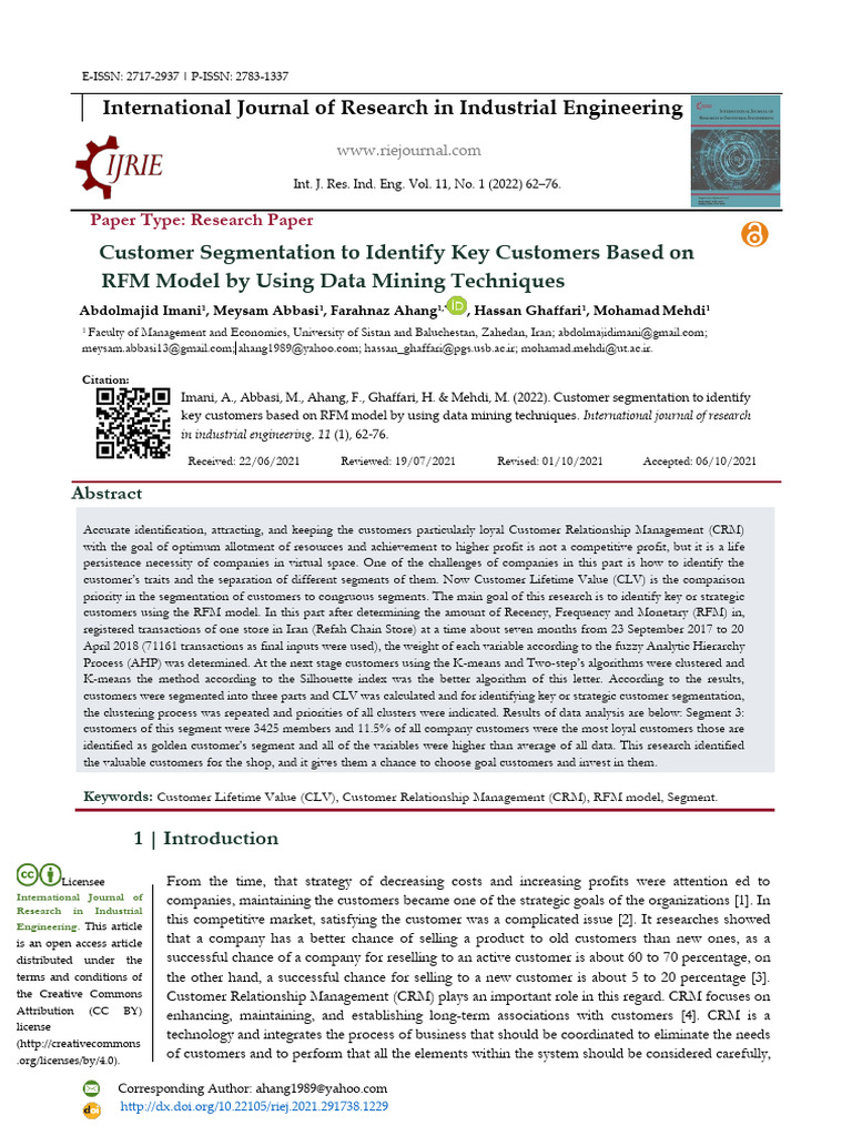 Data Mining Riej Volume 11 Issue 1 Pages 62 76 Pdf Customer 1675