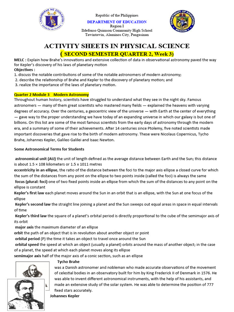 Activity Sheets in Physicl Sci q2 w3 | PDF | Johannes Kepler | Tycho Brahe