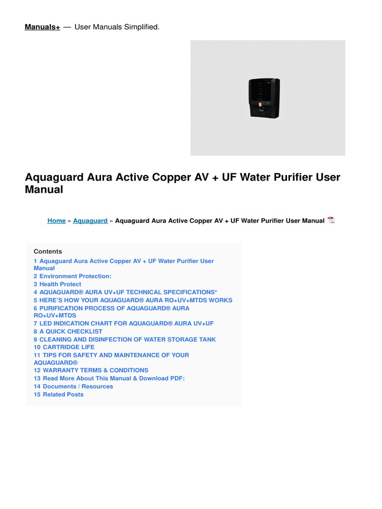 Aura Active Copper Av Uf Water Purifier Manual | PDF | Water ...