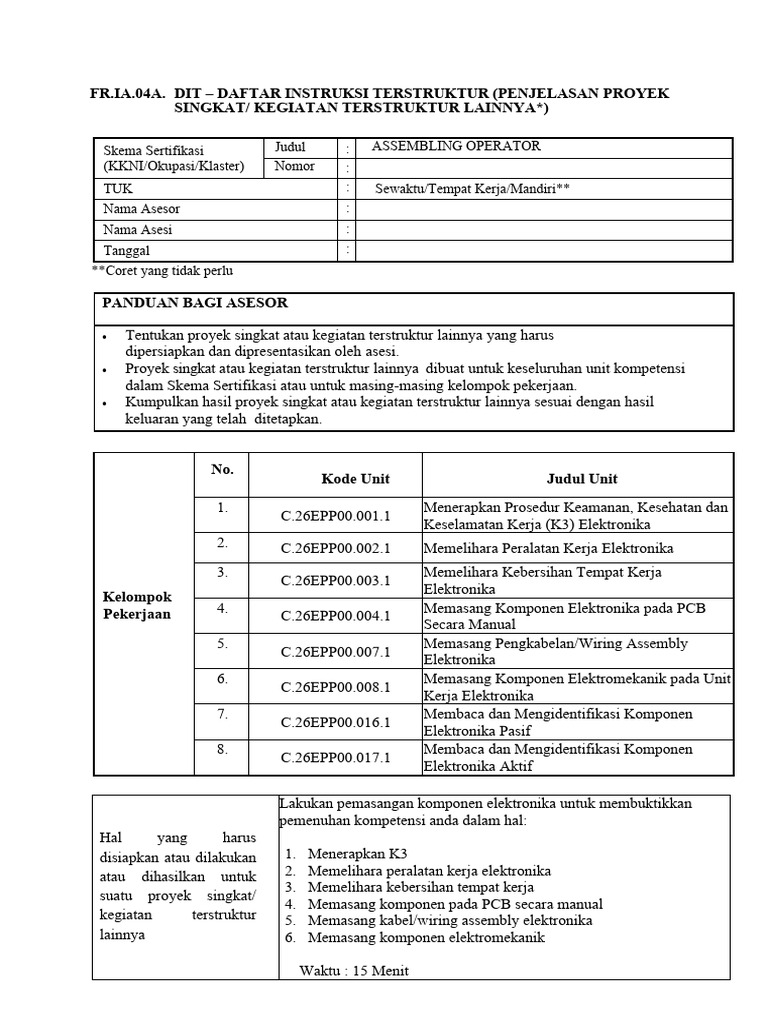 Daftar Instruksi Proyek Assembling Operator | PDF