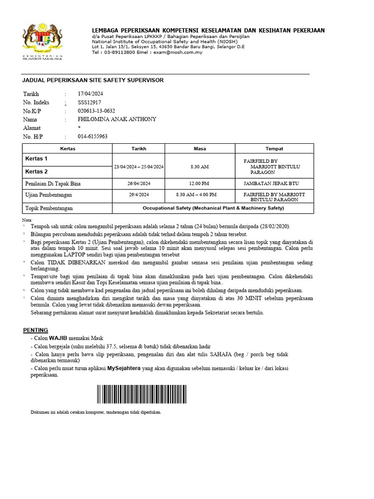 Jadual Peperiksaan SSS - Sistem Permohonan Peperiksaan NIOSH | PDF