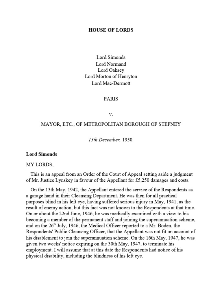 Paris v. Stepney | Download Free PDF | Negligence | Duty Of Care