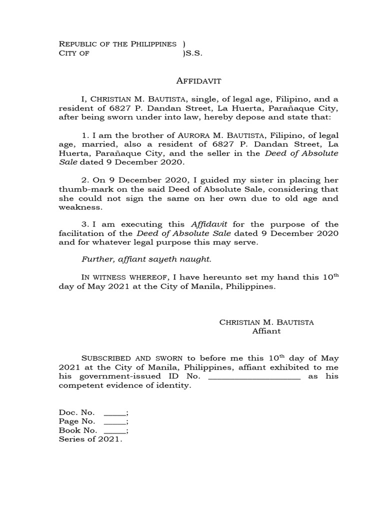 Affidavit for Deed of Absolute Sale | PDF | Affidavit | Legal Procedure