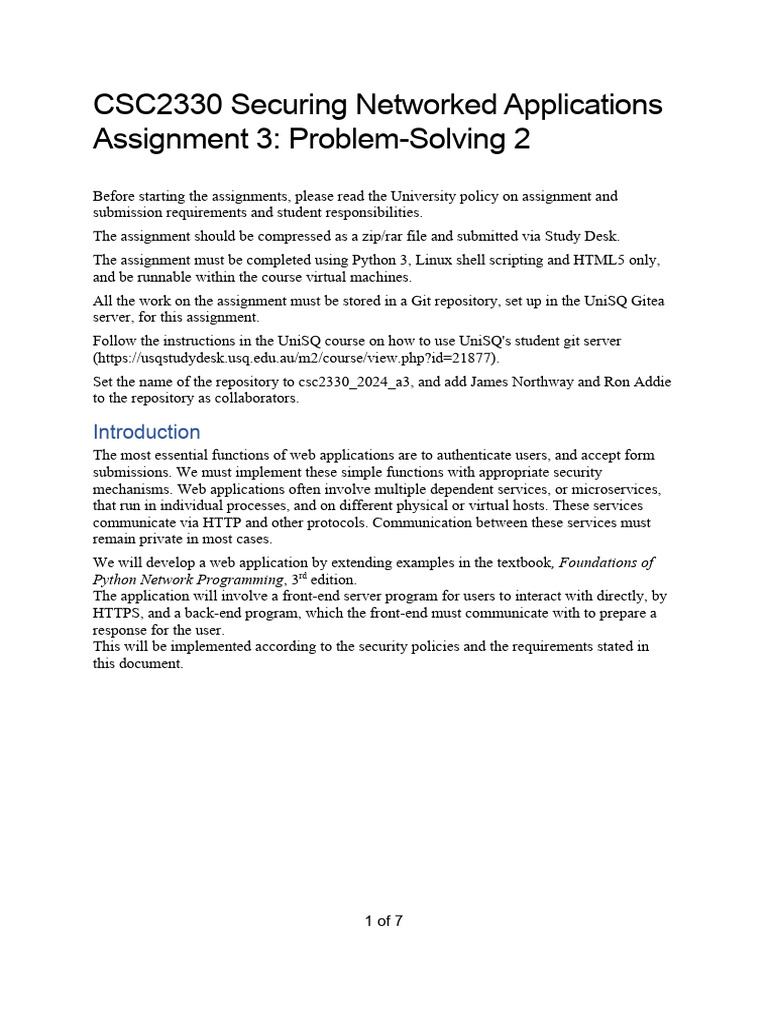 CSC2330 Assignment 3 Problem Solving 2 T1 2024 | PDF | Public Key Certificate | Transport Layer ...