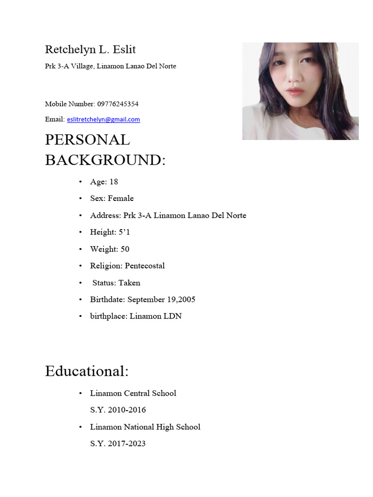 Retchelyn Eslit Resume Overview | PDF | Wellness