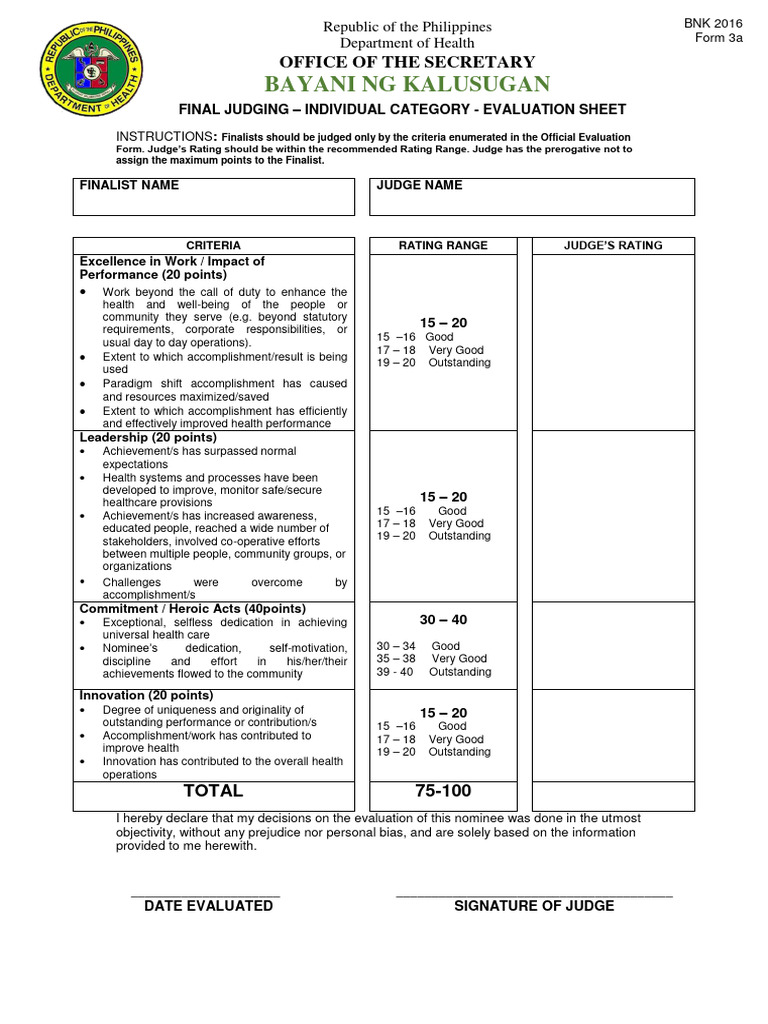 @@BNK Final Judging - Individual - Evaluation Form 3a | PDF ...