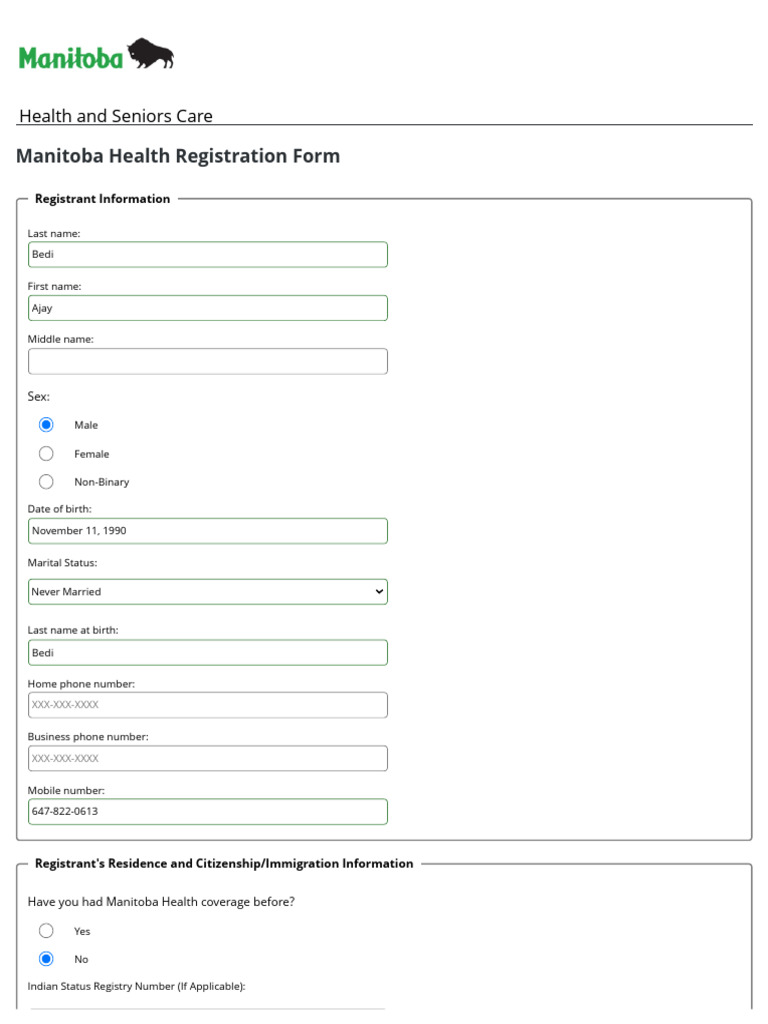 Manitoba Health Registration Form - Health and Seniors Care - Province ...