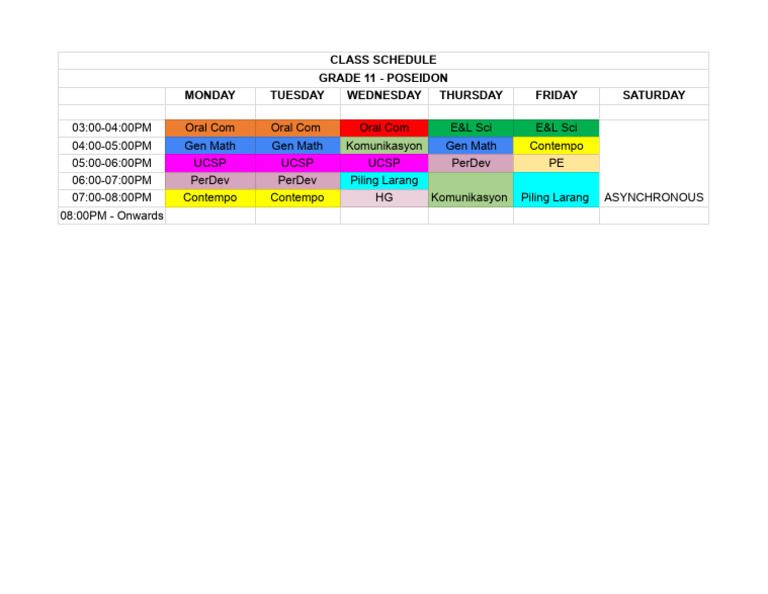 Grade 11 Poseidon Class Schedule | PDF