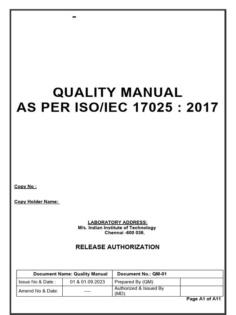 Quality Manual AS PER ISO/IEC 17025: 2017: Release Authorization | Download Free PDF ...