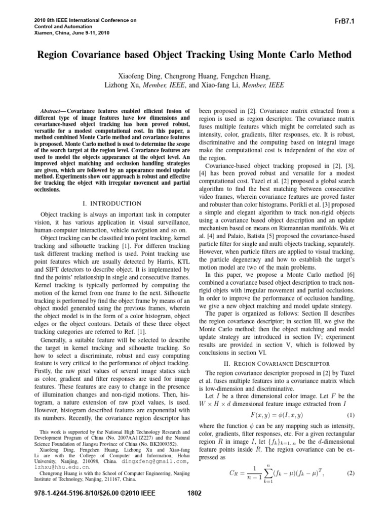 Region Covariance Based Object Tracking Using Monte Carlo Method | PDF | Covariance Matrix ...