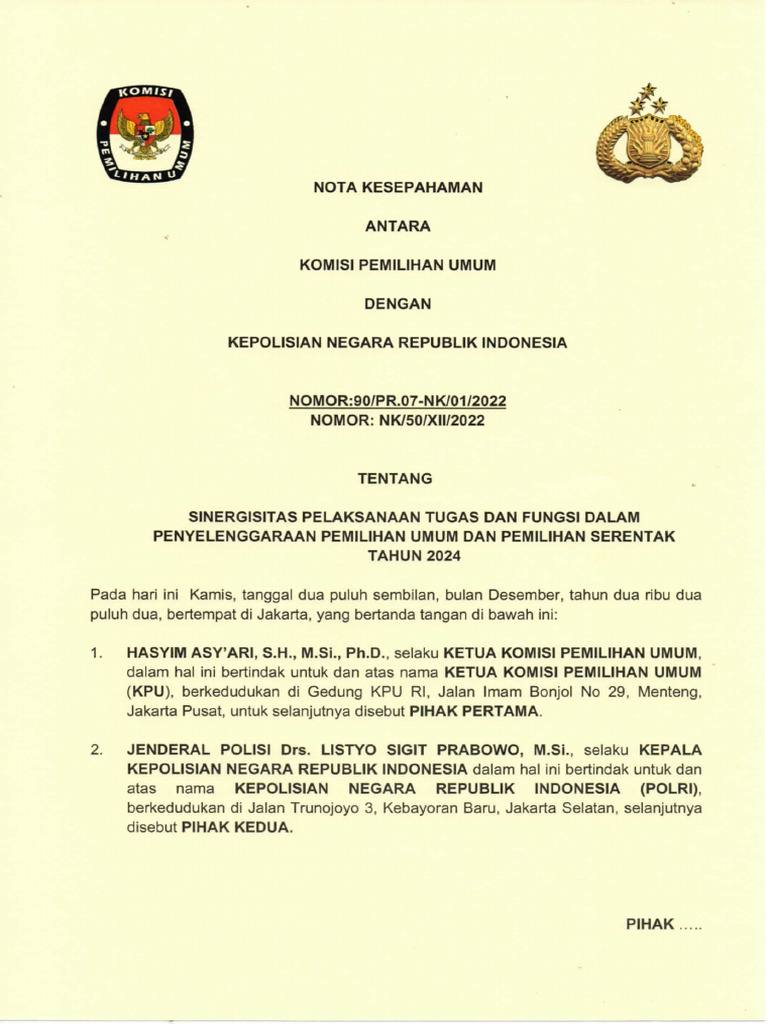 MoU KPU-POLRI 2022 | PDF