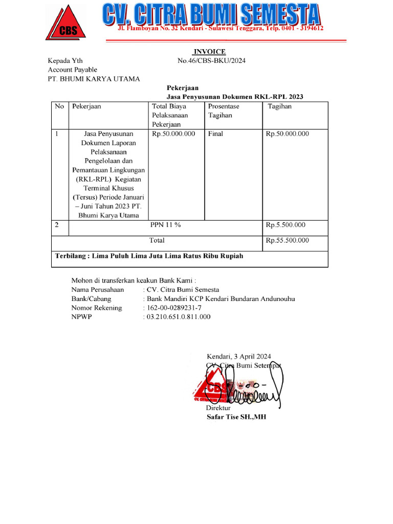 Invoice RKL-RPL Jety PT. BKU 2023 Semester Satu | PDF