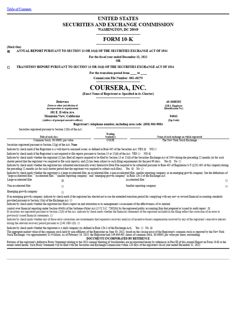 Coursera Annual Report | PDF | Form 10 K | Educational Technology