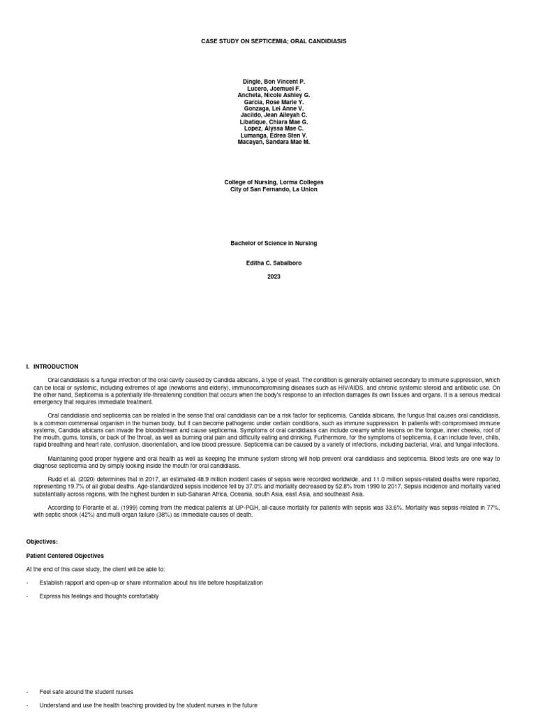 Case Study On Septicemia Oral Candidiasis | PDF | Candidiasis | Sepsis