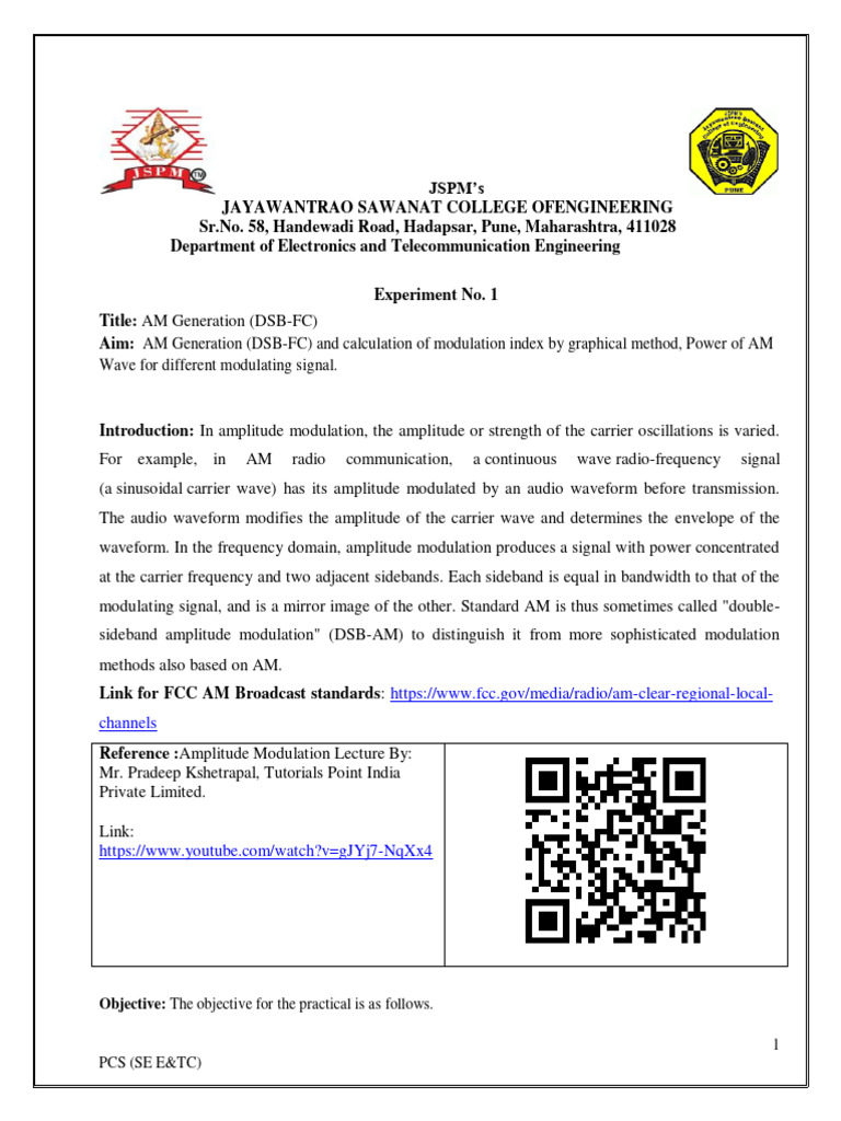 Experiment No 1 AM Generation | PDF | Modulation | Frequency Modulation