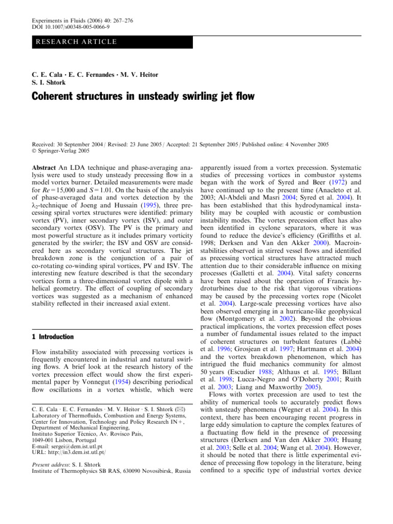 Coherent Structures in Unsteady Swirling | PDF | Vortices | Continuum ...