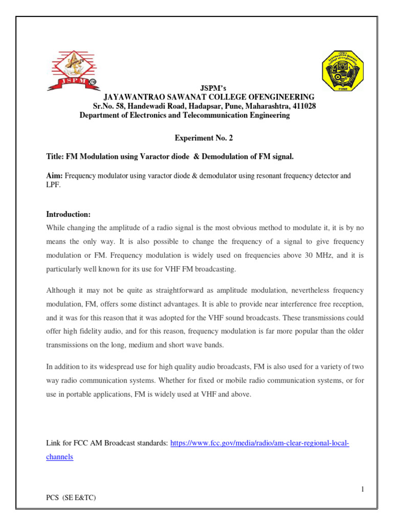Experiment No 2 FM Generation Using Varactor Diode Method | PDF ...