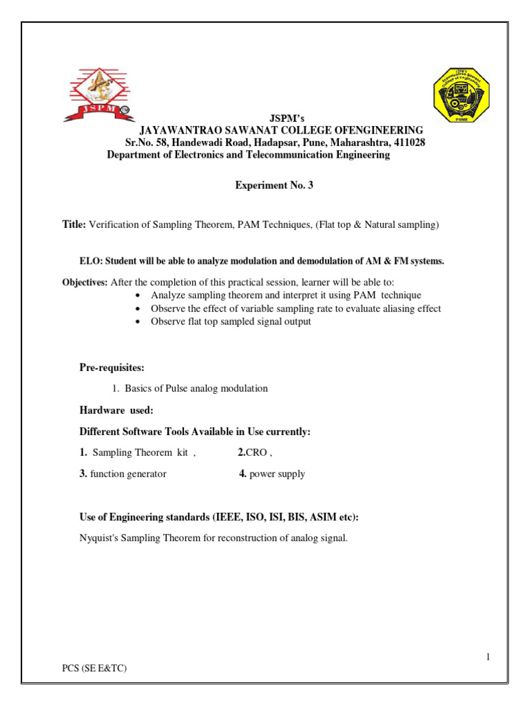 Experiment No 3 Sampling Theorem Using PAM Techniques | Download Free PDF | Sampling (Signal ...