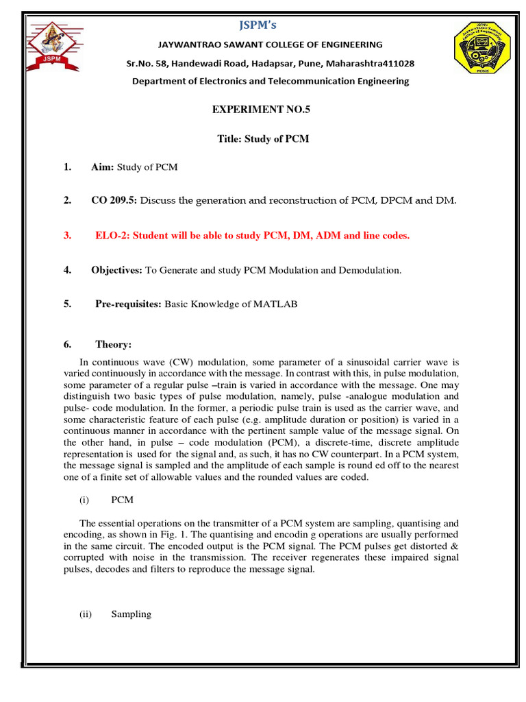 Experiment No 5 Study of PCM | PDF | Modulation | Sampling (Signal ...