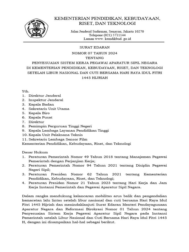 SE Mendikbudristek No 7 Tahun 2024 Tentang Penyesuaian Sistem Kerja Setelah Hari Raya Idul Fitri ...