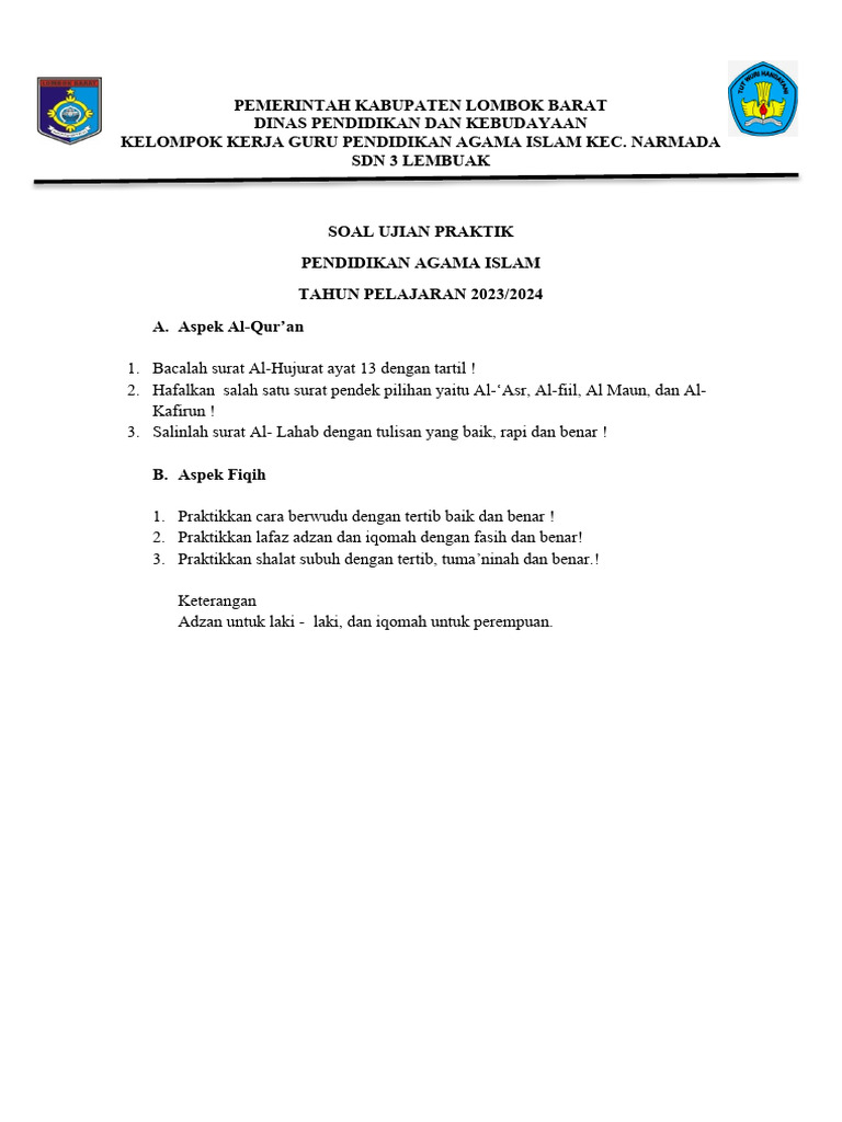 SOAL UJIAN PRAKTEK PAI Dan Lembar Menulis Qur'an | PDF