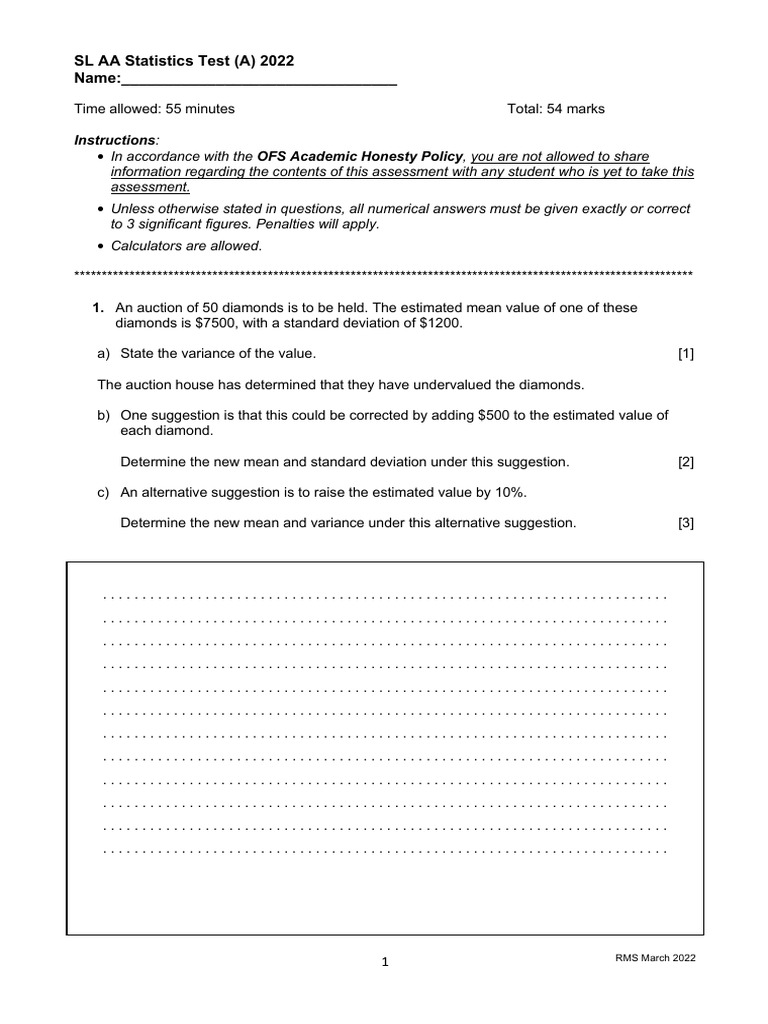 2022 SL AA Statistics Test | PDF | Variance | Standard Deviation