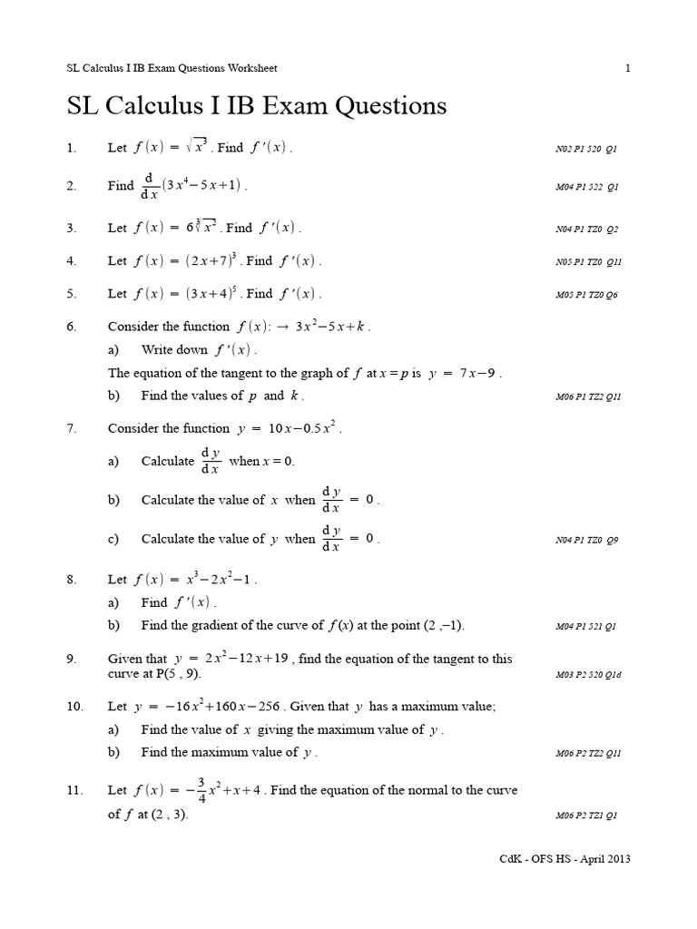 SL Calculus I IB Exam Questions | PDF | Tangent | Mathematical Relations
