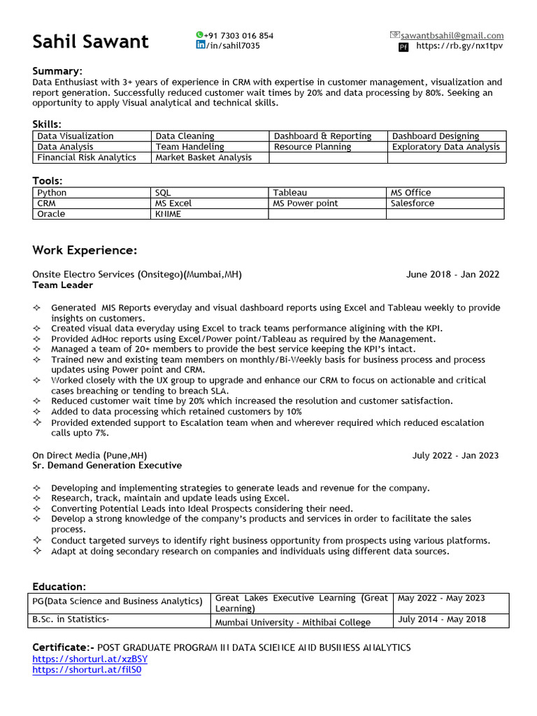 CV-Sahil B. Sawant | PDF | Analytics | Data Science CV-Sahil B. Sawant | PDF | Analytics | Data Science