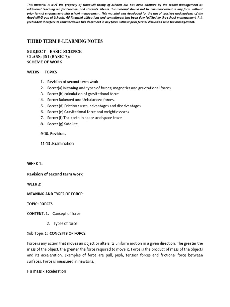 Third Term Jss1 Basic Science | PDF | Force | Weight