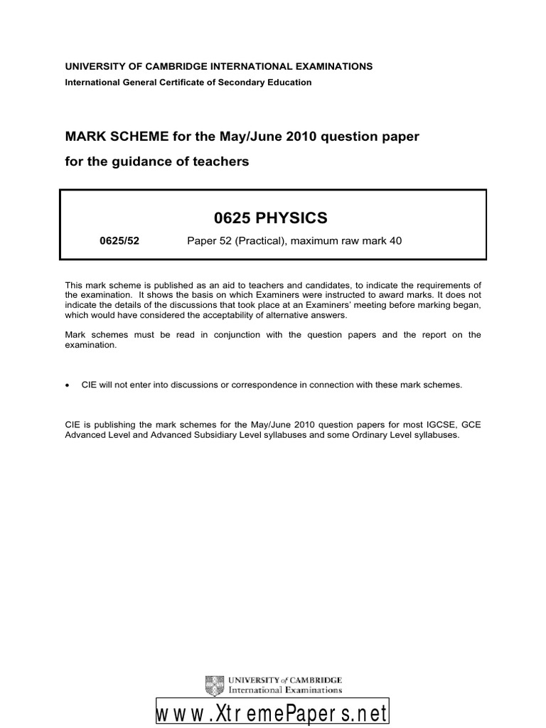 0625 PHYSICS: MARK SCHEME For The May/June 2010 Question Paper For The Guidance of Teachers ...