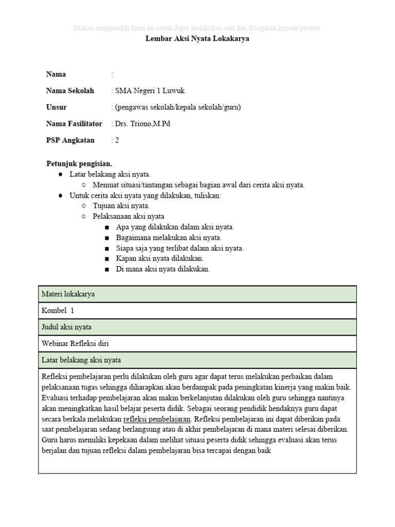 Lembar Aksi Nyata Lokakarya Refleksi Kombel 1 | PDF