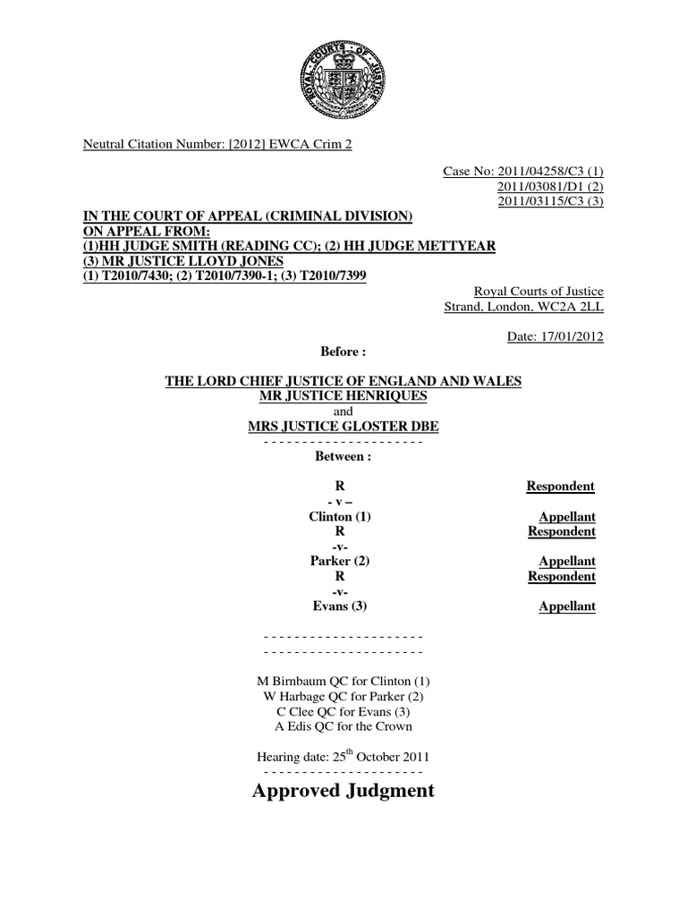 R V Clinton Parker and Evans Judgment | PDF | Infidelity | Jealousy