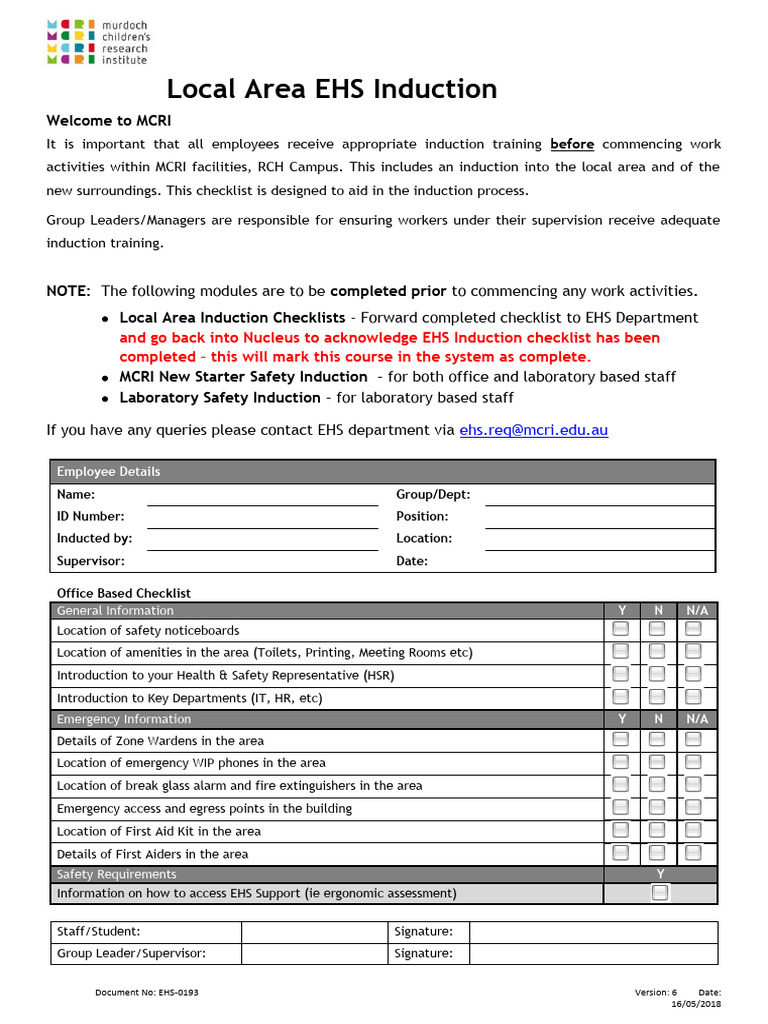 MCRI Local Area EHS Induction Checklist | PDF | Laboratories | First Aid