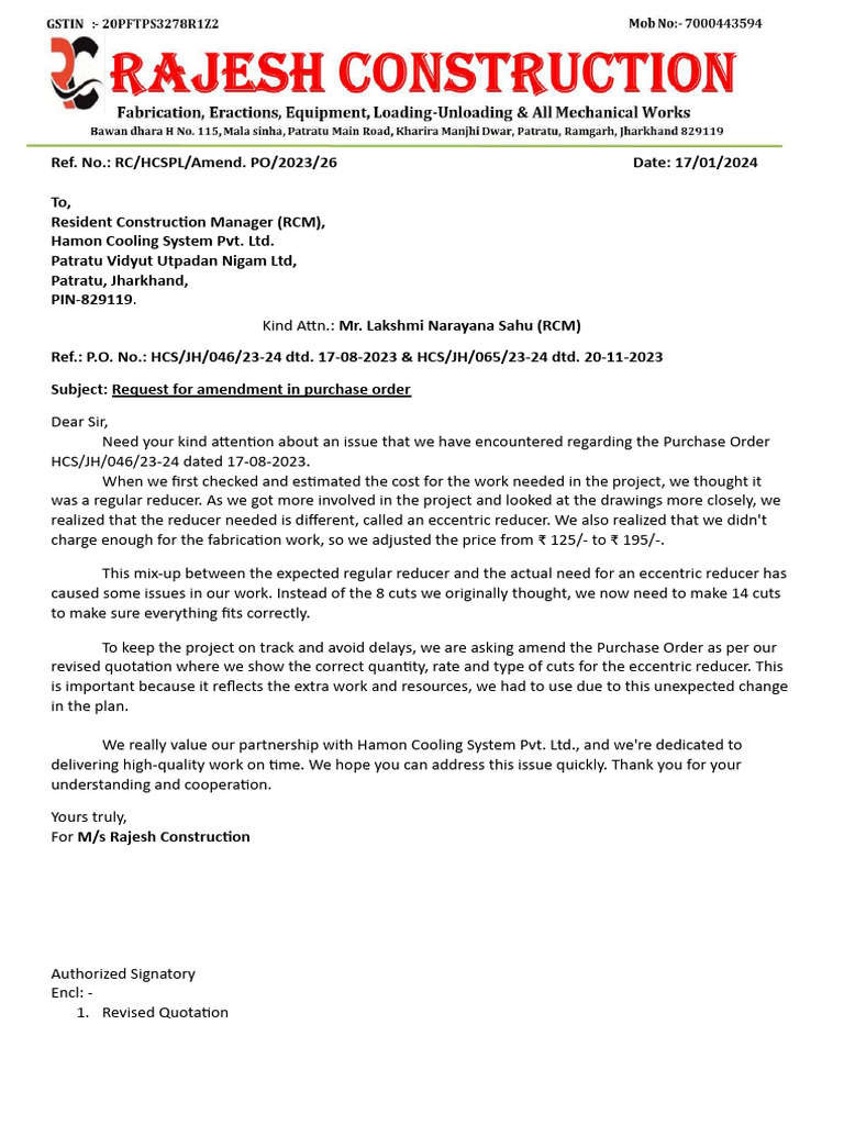 Letter by Rajesh Costruction | PDF