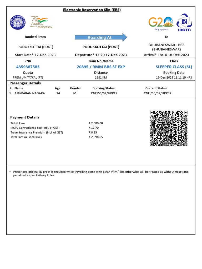 16 SML Train Ticket MR Ajaykaran Nagarajan 12 2023 PDKT-BBS | PDF ...