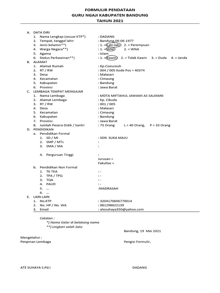 FORMULIR PENDATAAN Guru Ngaji Miftahul Jawami As Salmani | PDF