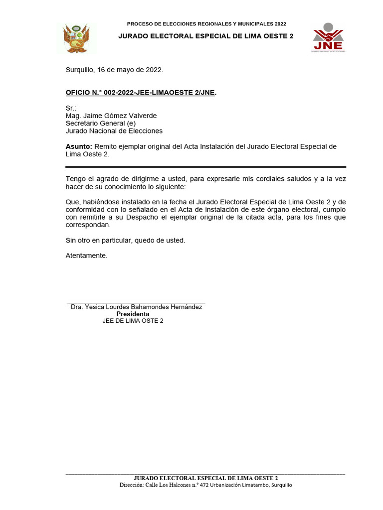 Modelo de Oficio Remitiendo Acta de Instalación | PDF