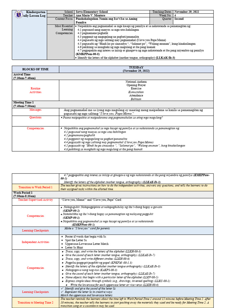 Kindergarten-DLL-week 4 Tuesday | PDF | Learning | Teachers