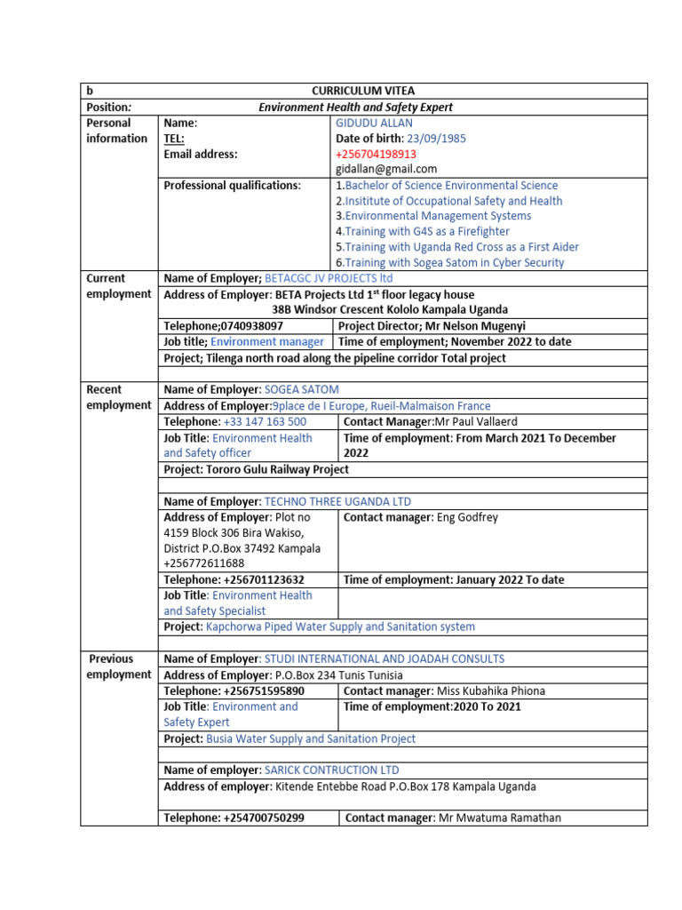 Allan Gidudu Resume | PDF | Occupational Safety And Health | Safety