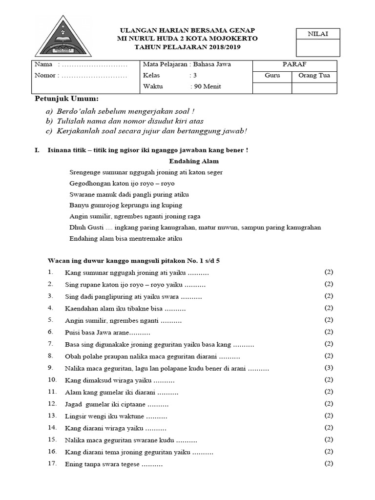 Soal Uhb B. Jawa Genap - Kelas 3 | PDF | Kajian Bahasa Asing | Seni
