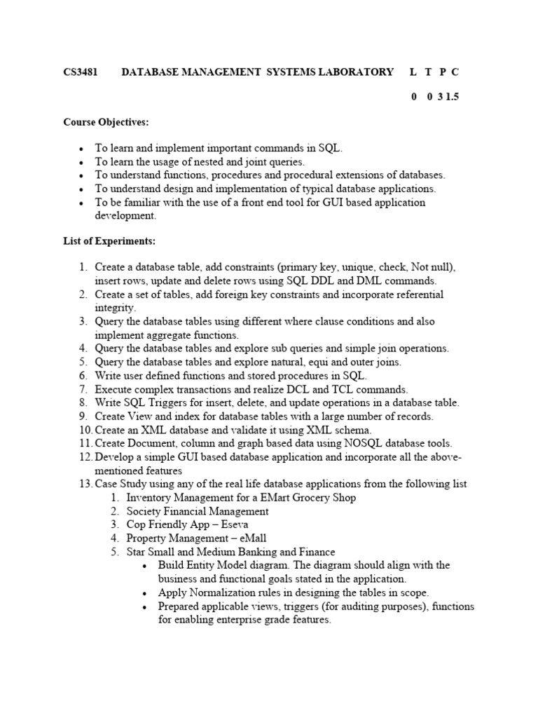 Dbms Laboratory Pdf Databases Sql