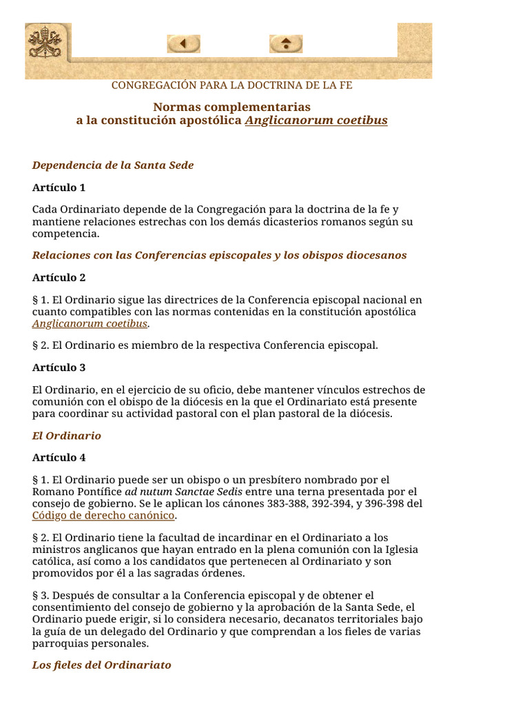 Normas Complementarias A La Constitución Apostólica Anglicanorum Coetibus, 4 Noviembre 2009 ...