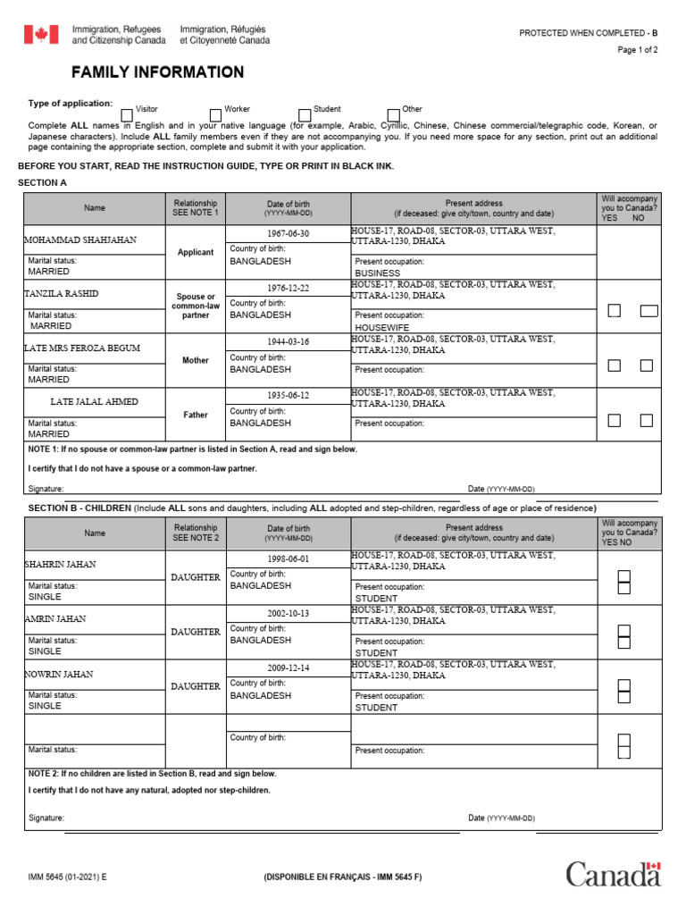 CANADA FAMILY INFORMATION FORM | PDF | Bangladesh