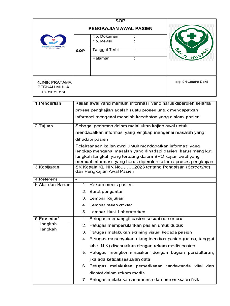 SOP PENGKAJIAN AWAL PASIEN Revisi | PDF | Kesehatan Holistik | Sains & Matematika