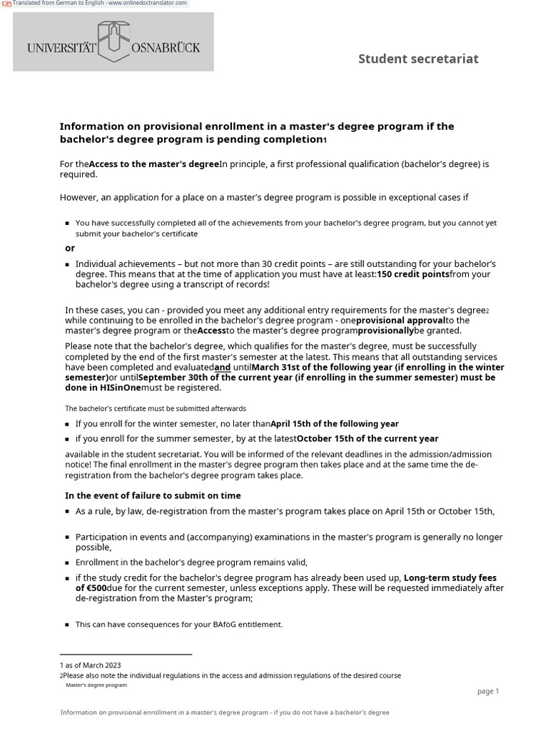 Formular Informationen Vorlaeufiges-Masterstudium UOS Stand März 2023.de - en | PDF | Academic ...