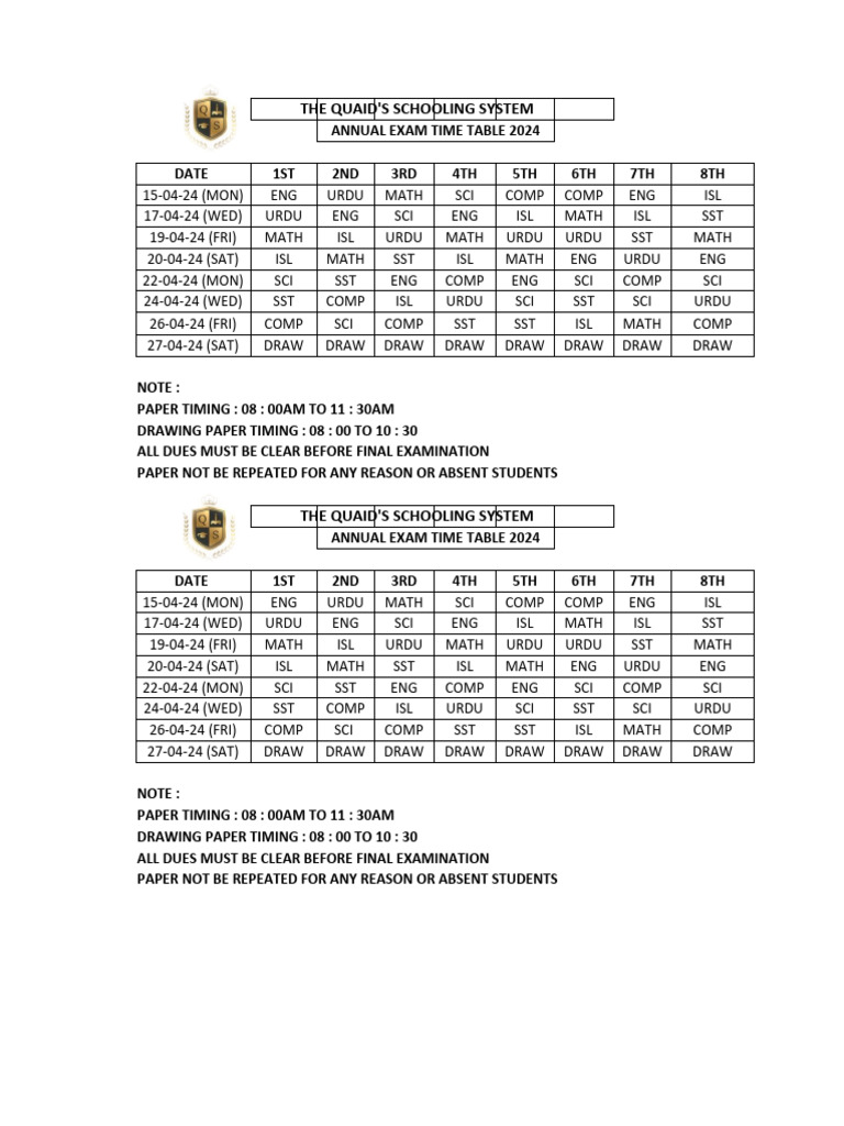 Time Table 2024 Class 1 To 8 | PDF | Teaching Methods & Materials ...