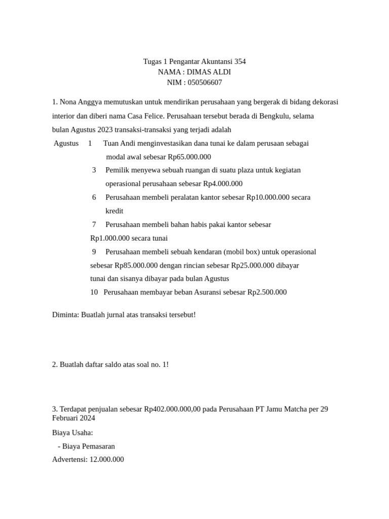 Tugas 1 Pengantar Akuntansi 354 | PDF