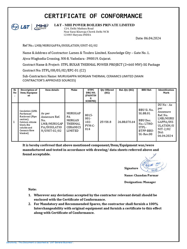 Certificate of Conformance for Insulation | PDF | Insulators | Materials