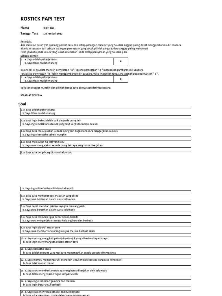 Soal Papi Kostick Test - Online | PDF