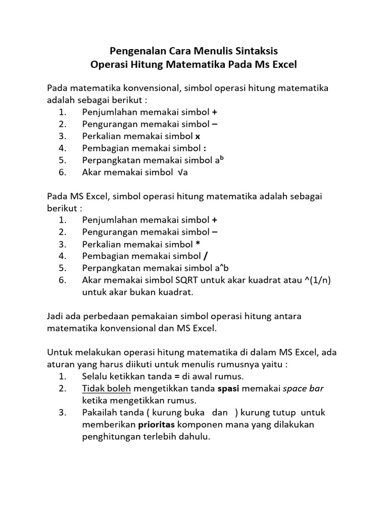 Simbol Operasi Hitung di MS Excel | PDF
